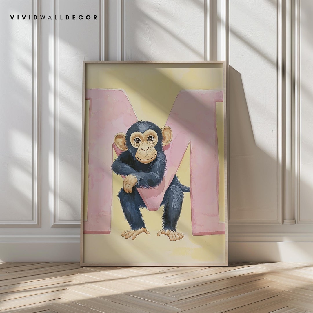 Monkey Alphabet Art Print Letter M Nursery Animal Wall Art Jungle ...