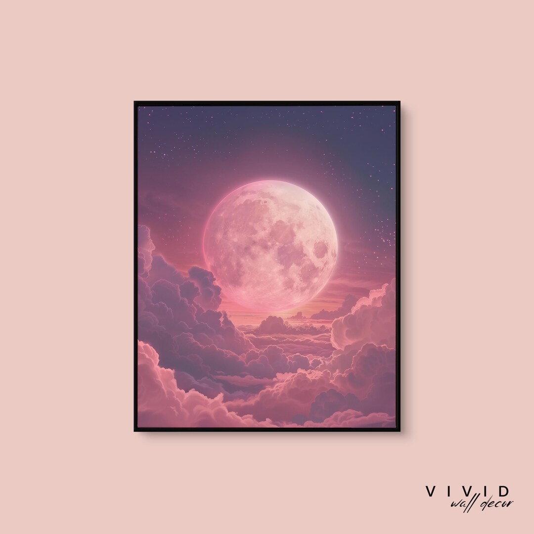 Pink Moon Art Print Dreamy Starry Night Sky Wall Art Magical Pink Clouds Moon Art Cosmic ...