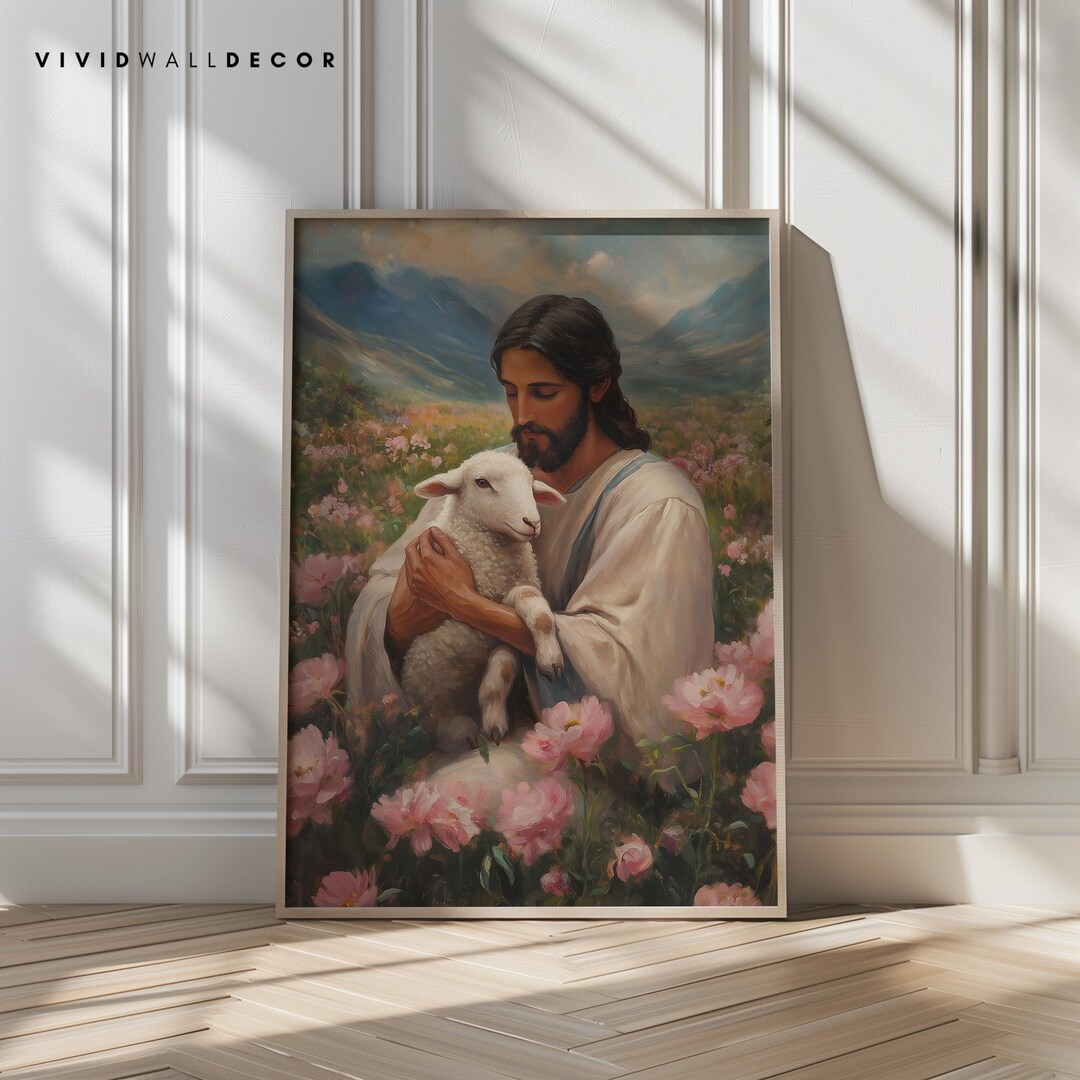 Jesus and Lamb Wall Art Christian Floral Print Faith Decor Religious ...