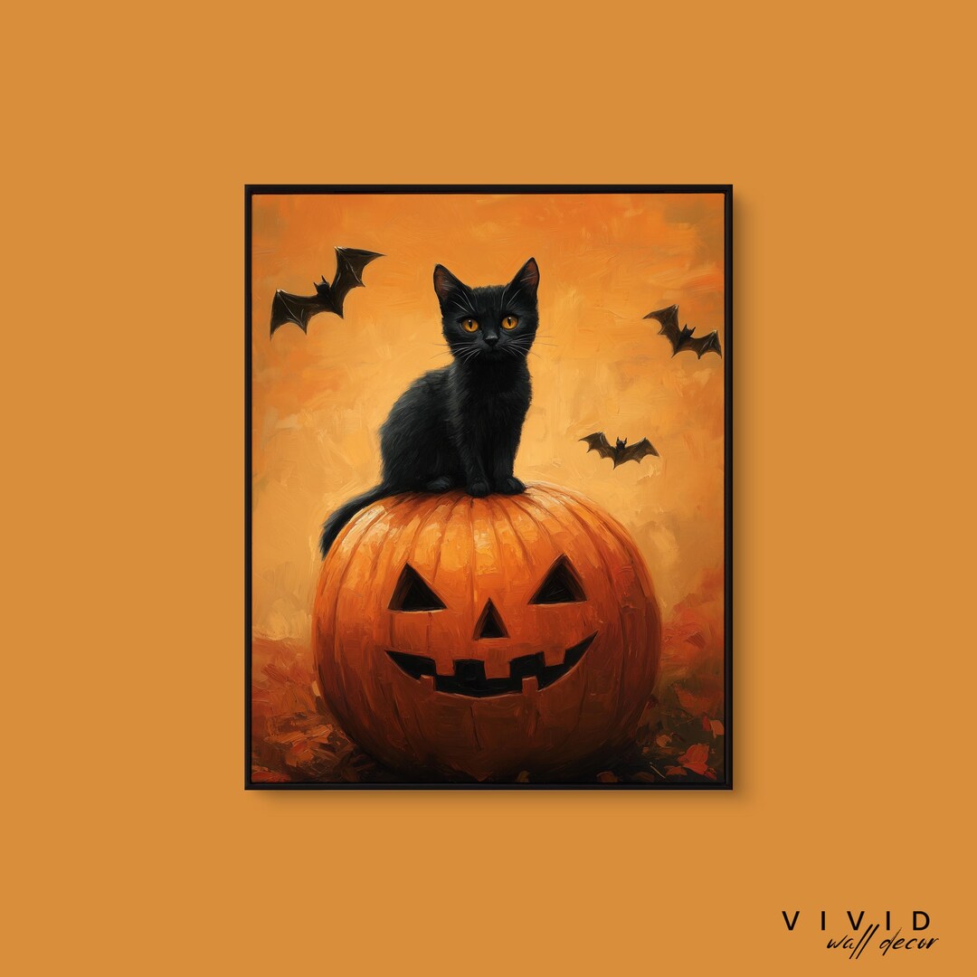 Black Cat on Pumpkin Printable Halloween Cat Decor Halloween Print ...