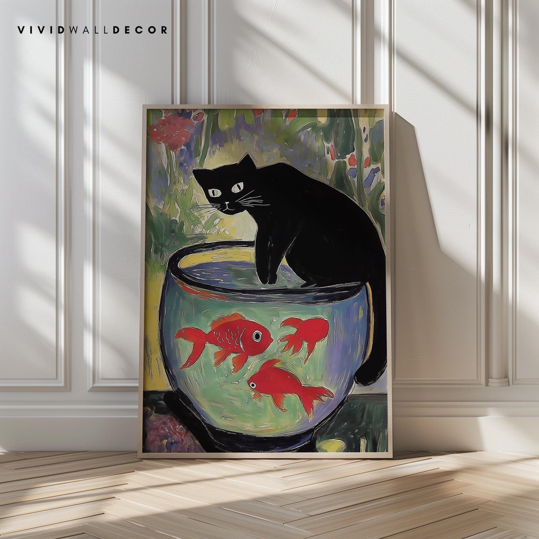 Fishing Kitty Art Print Black Cat With Goldfish Illustration Matisse ...