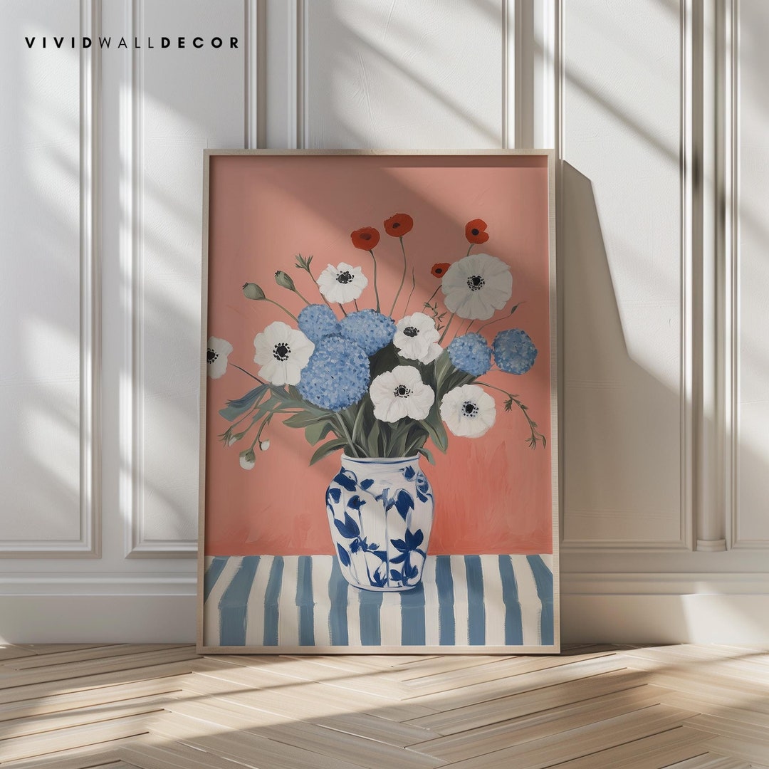 Blue and White Floral Art Print Hydrangeas and Anemones Painting ...
