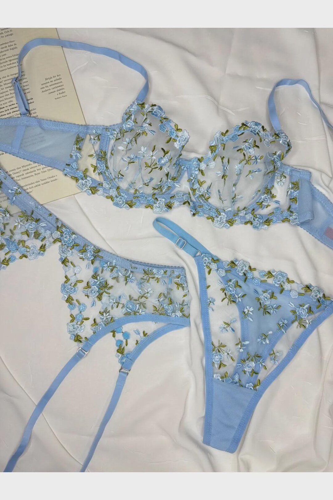 Blue Floral Garter 3 Piece Set Lace Bralet Set - Etsy