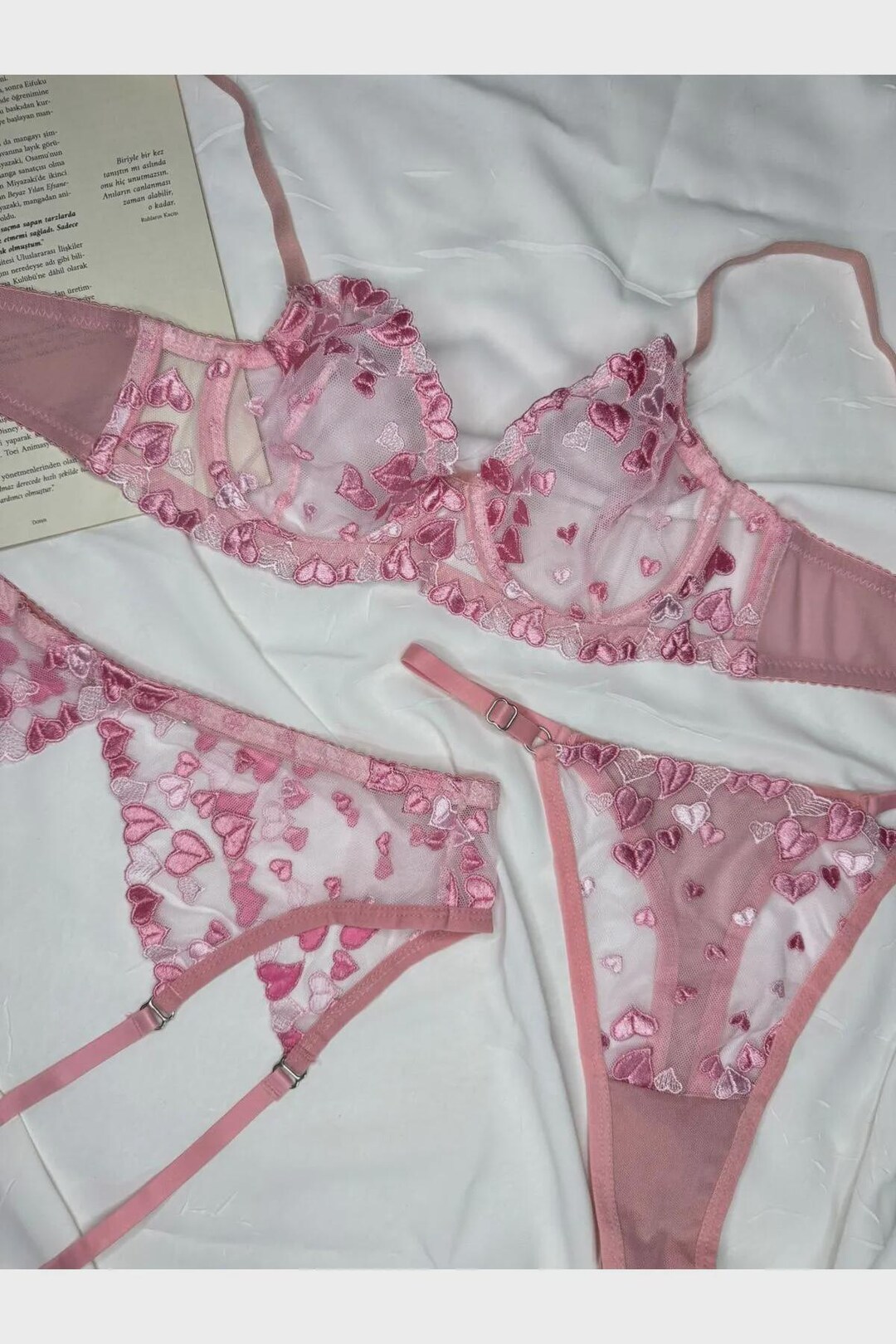 Pink Heart Garter 3 Piece Set Lace Bralet Set - Etsy
