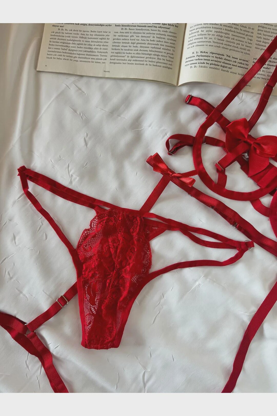 Red Garter Belt 3-piece Set Ribbon Detailed Bra Set - Etsy