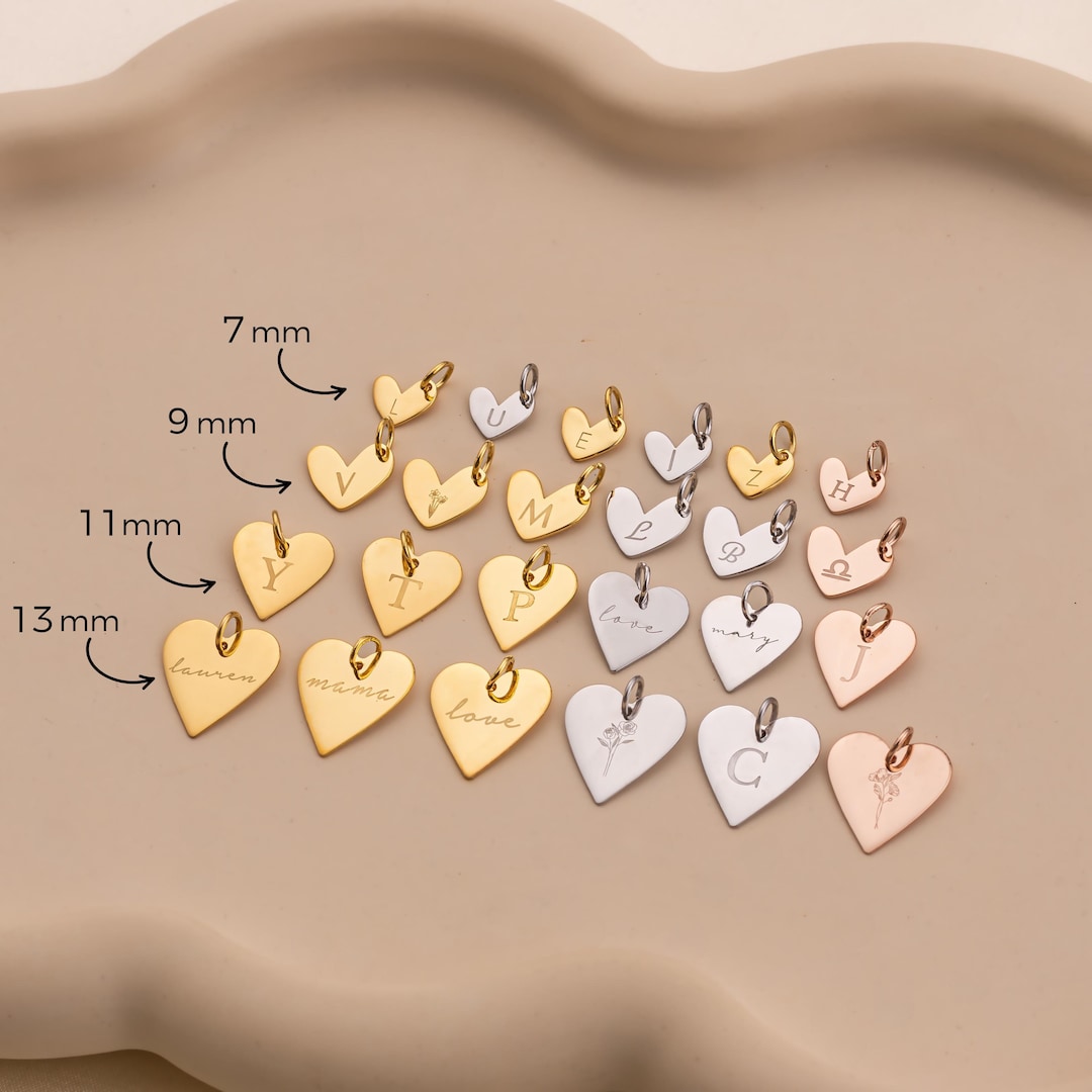 Personalized Heart Charm 14K Solid Gold, Custom Engraved Initial ...