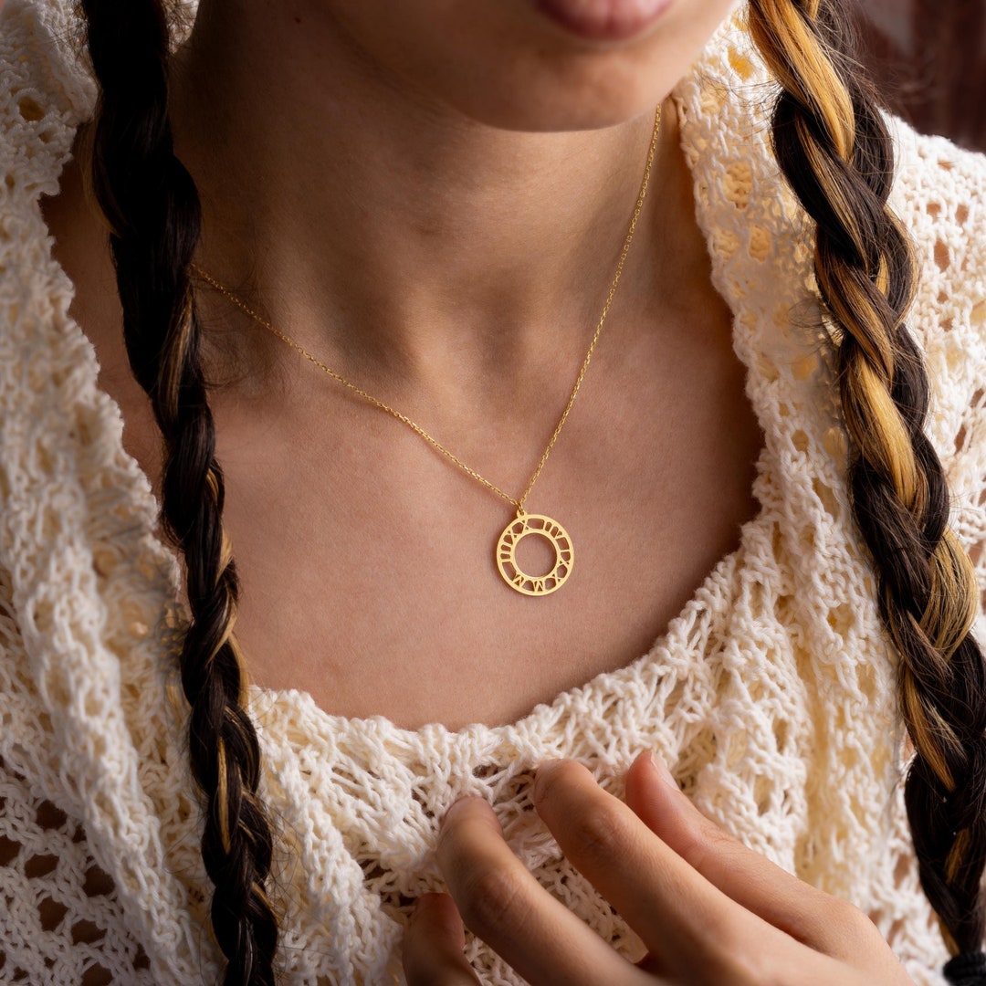 14K Gold Roman Numeral Initial Necklace, Personalized Circle Pendant ...