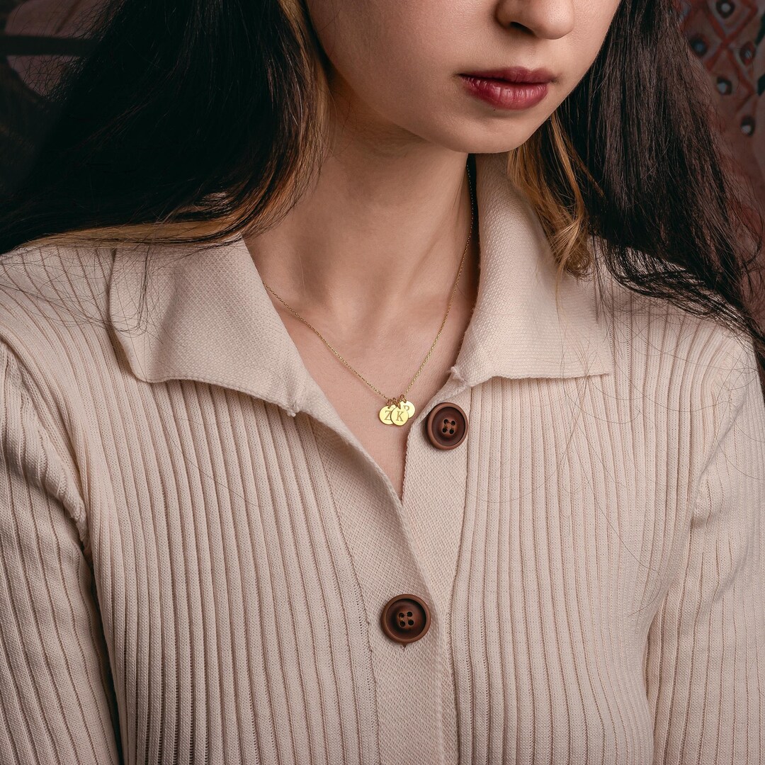 14k Solid Gold Initial Necklace, Multiple Tiny Disk Pendant ...