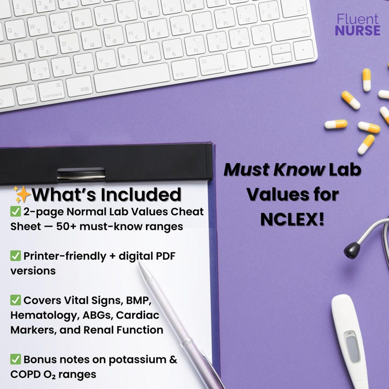 Normal Lab Values and Vital Signs Cheat Sheet (2 Pages) | Extended ...