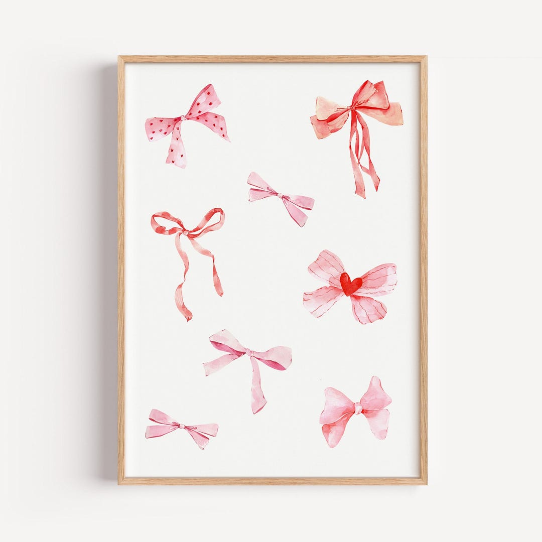 Coquette Aesthetic Watercolor Bow Poster, Pink & Red Ribbon Wall Art ...