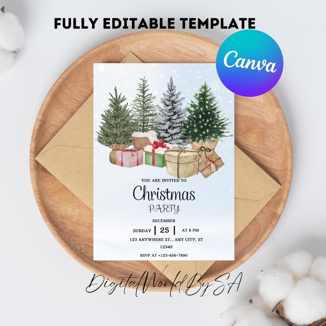 Editable Christmas Party Invitation, Christmas Trees Holiday Trees ...