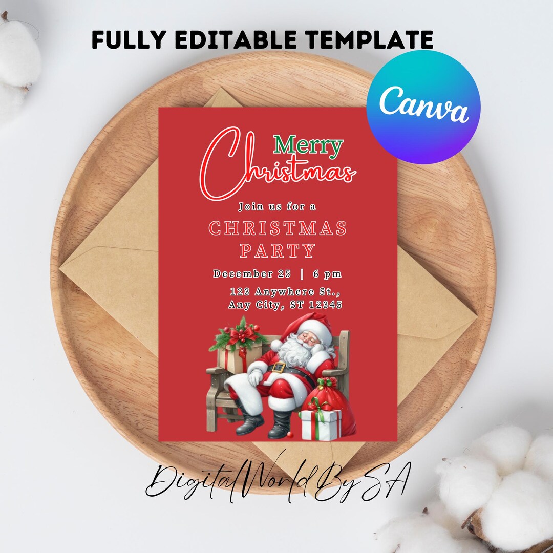 Santa Christmas Party Invitation, Santa Claus Christmas Party Invite, Editable Santa Claus ...