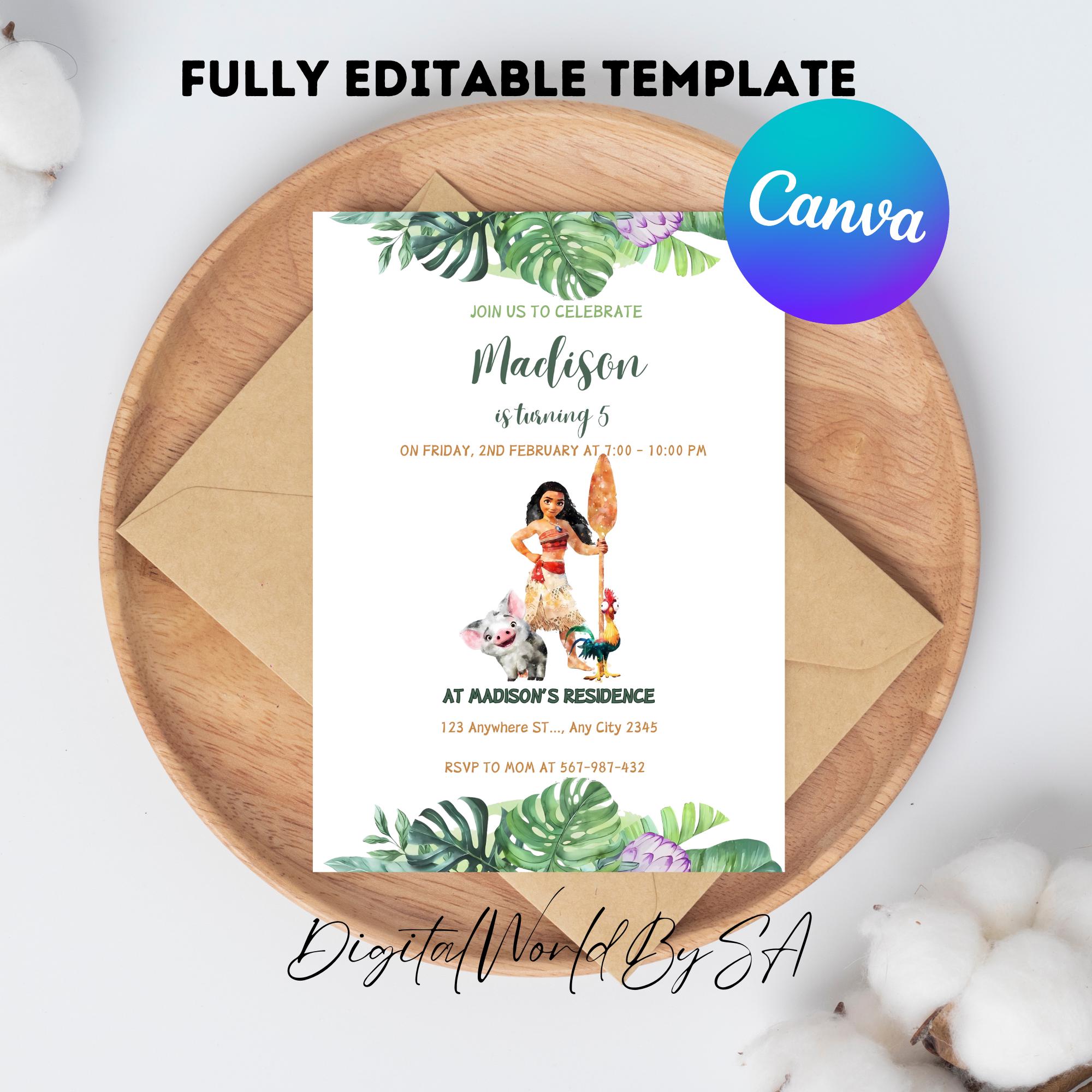 Editable Moana Birthday Invitation Tropical Theme Party Digital Invite ...