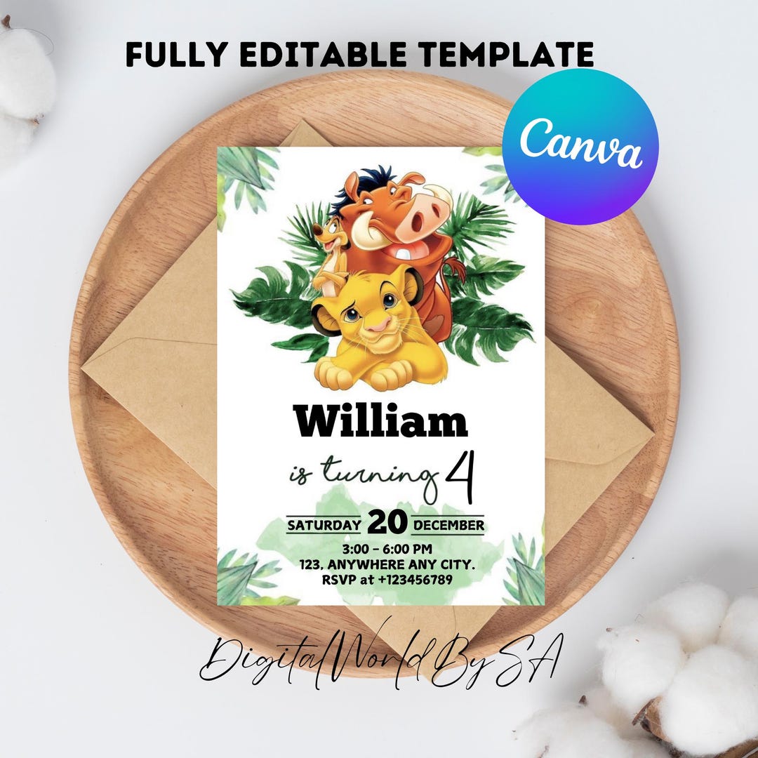 Editable Lion King Birthday Invitation, Simba Birthday Invitation ...