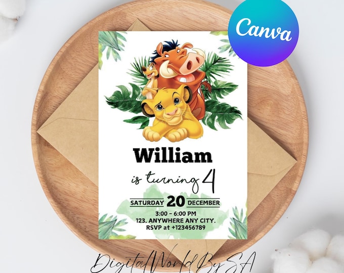 Lion King Birthday Invitation Boy Simba Timon Pumba Jungle Animals ...