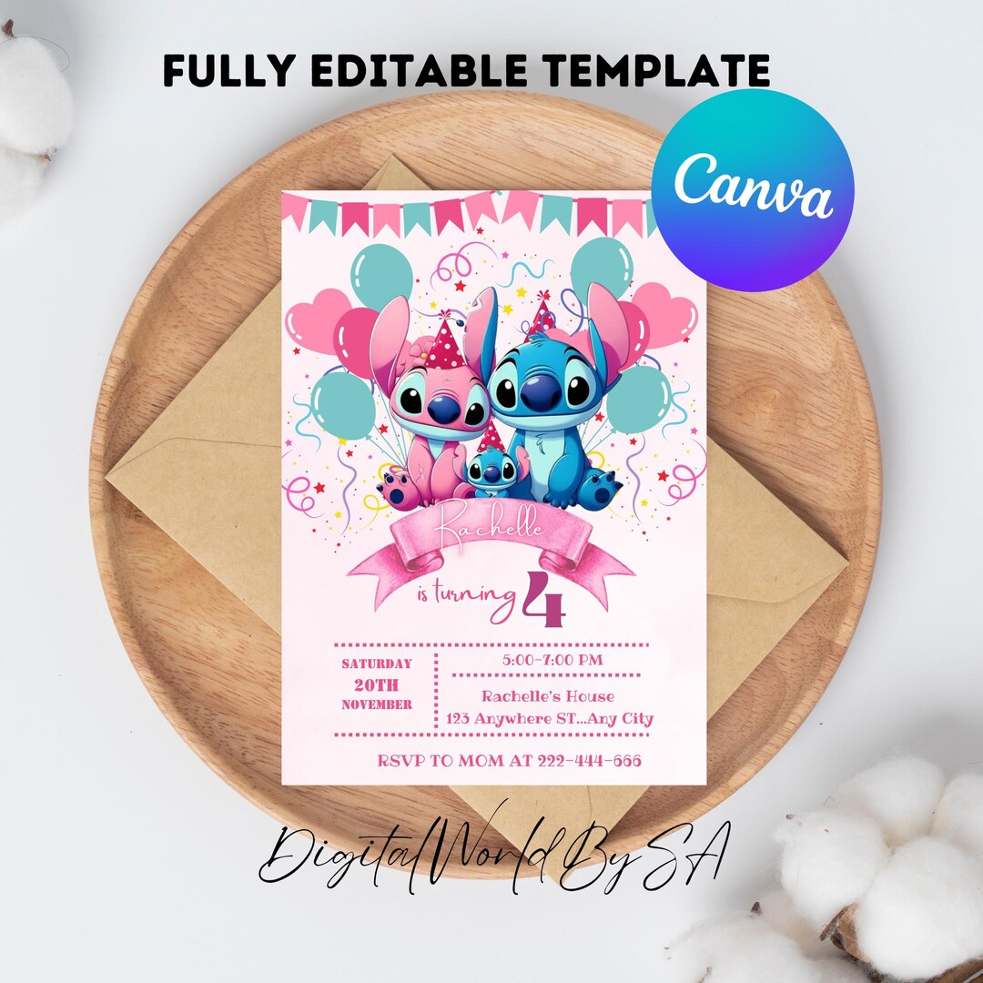 Editable Stitch Birthday Invitation, Printable Cute Stitch Party Invite ...