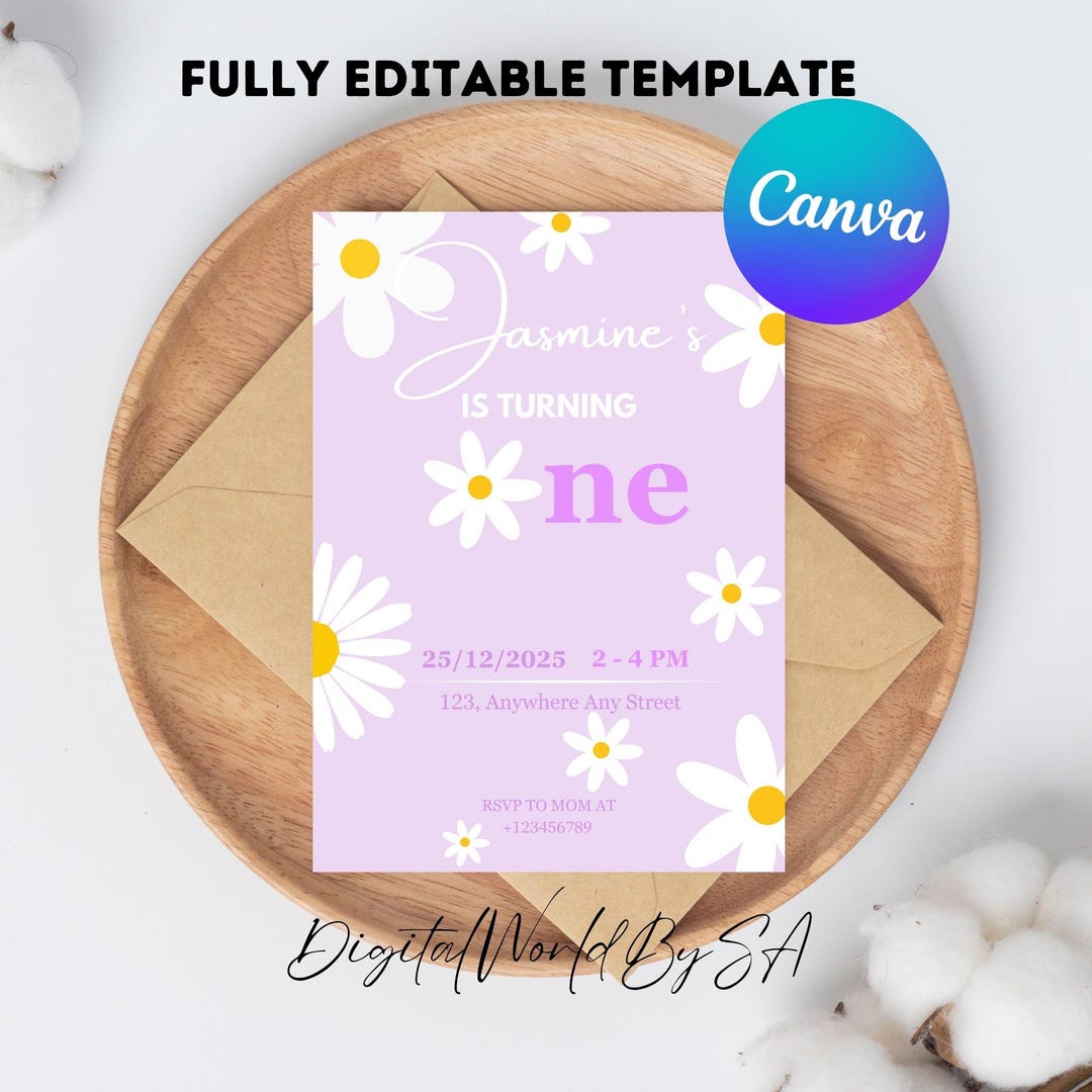 EDITABLE Daisy Purple Girl Birthday Invitation, 1st Birthday Invite ...