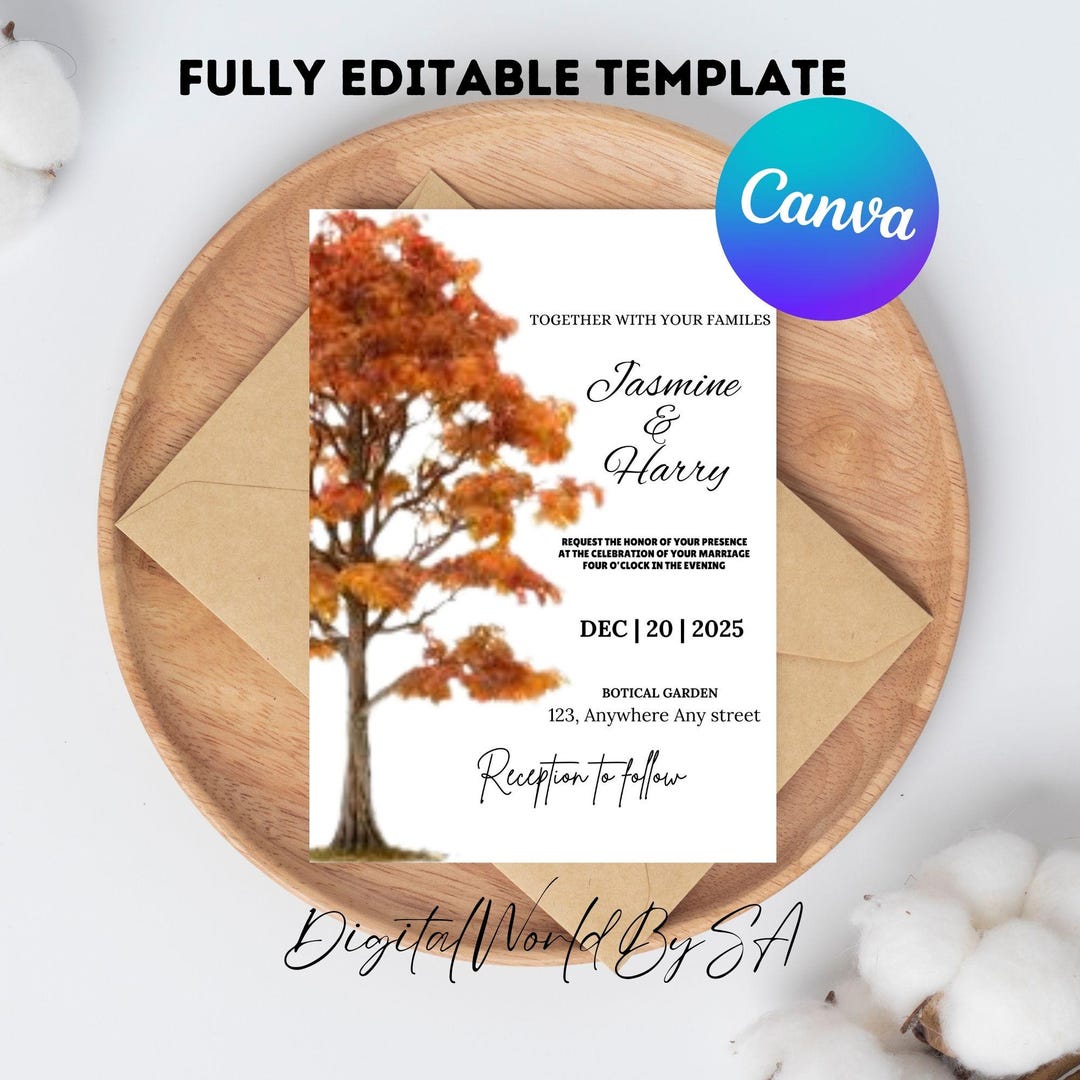 Rustic Fall Tree Wedding Invitation Printable Template, Autumn Old Oak ...