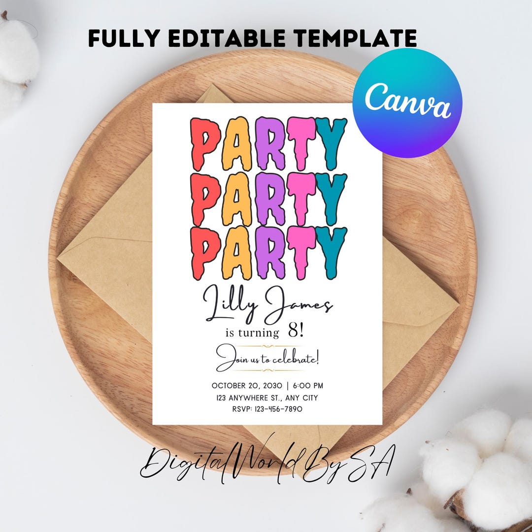 Editable Simple Colorful Birthday Invite, Bright and Cheerful Party ...