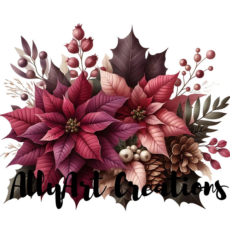 Elegant Maroon Poinsettia Clipart - Burgundy Christmas Floral - Holiday ...