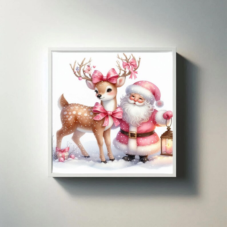Watercolor Christmas Reindeer - Pink Santa Clipart - Cute Holiday ...