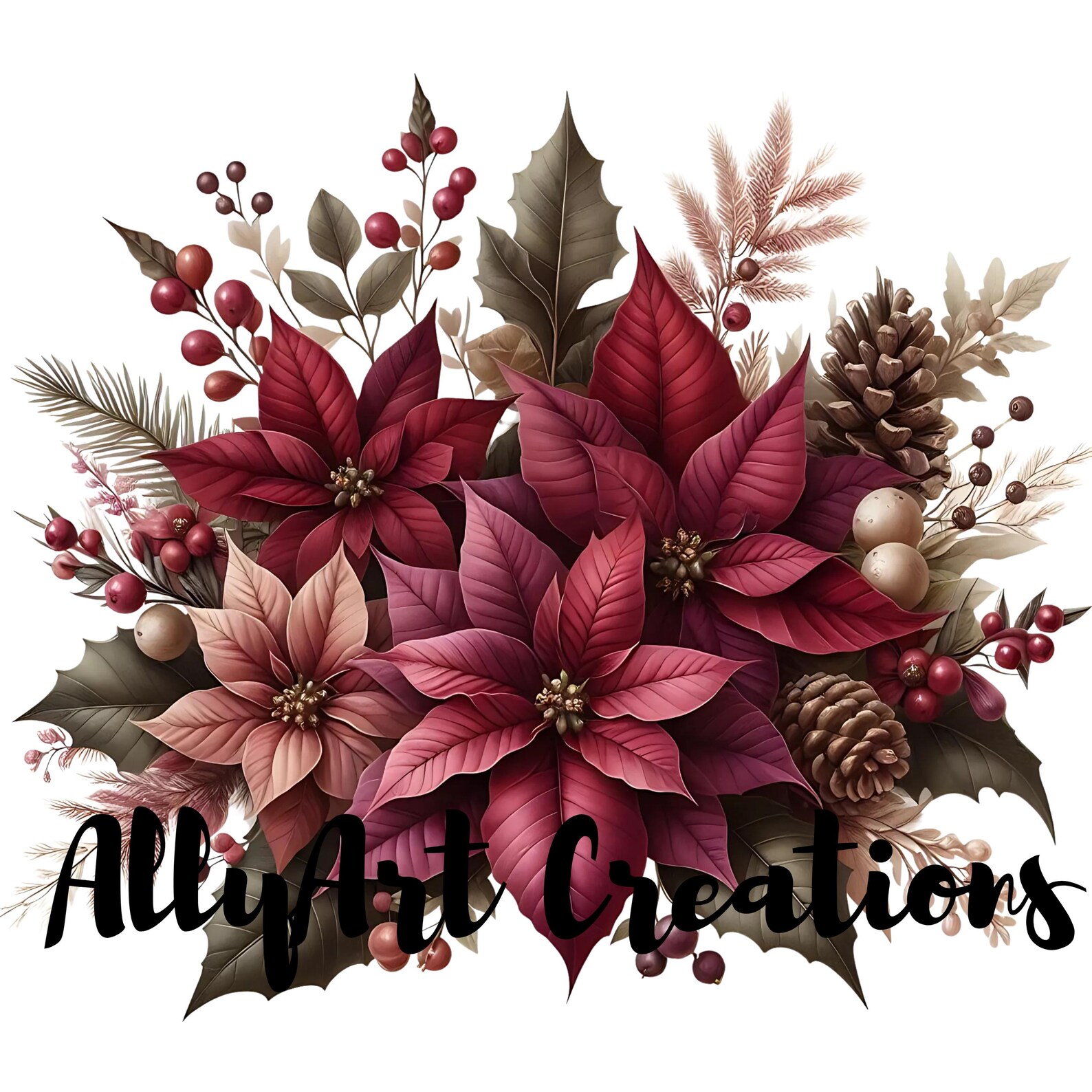 Elegant Maroon Poinsettia Clipart - Burgundy Christmas Floral - Holiday ...