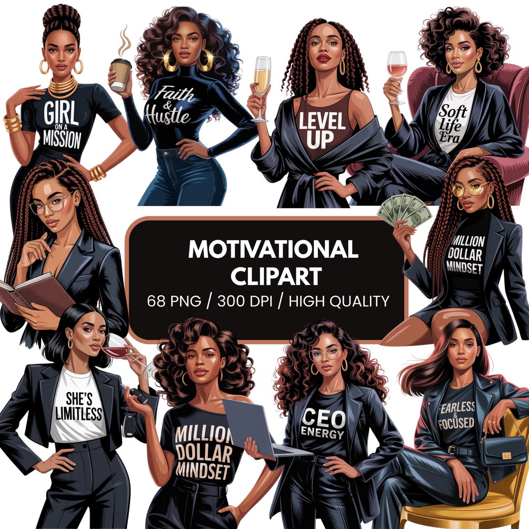 Black Woman Motivational Clipart Bundle - Afro Woman PNG - Empowering ...