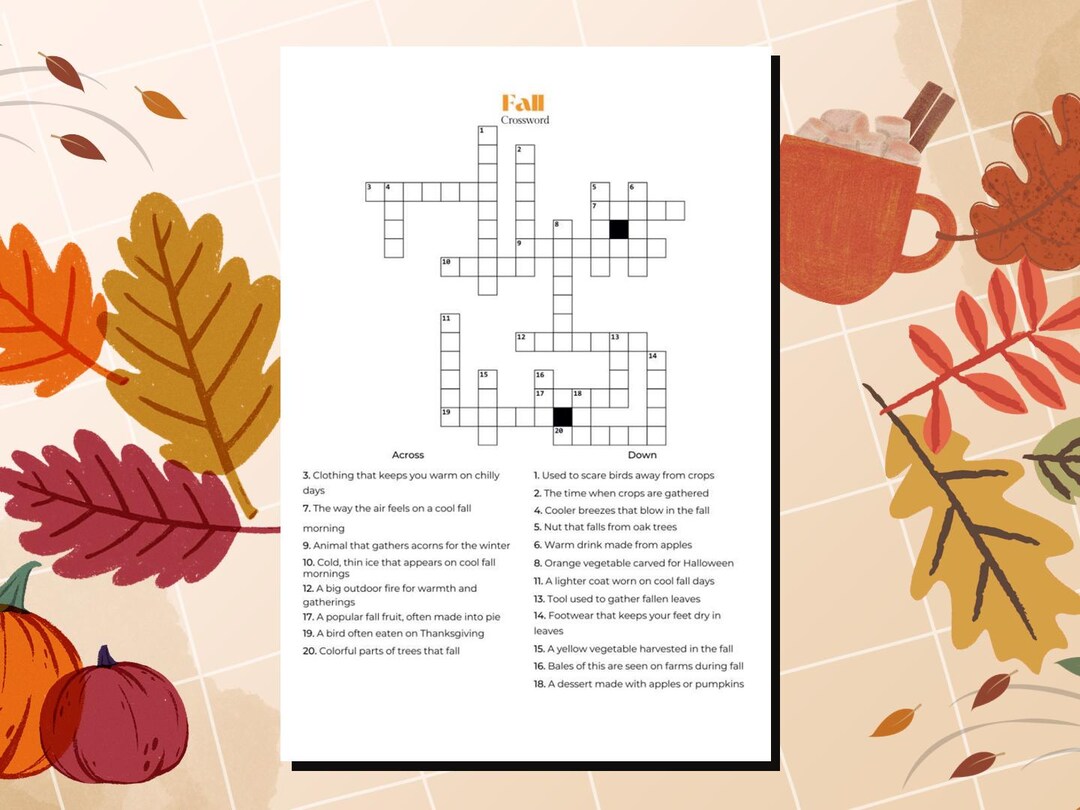 Fall Crossword, Printable Crossword Games, Fun Educational Activity for ...