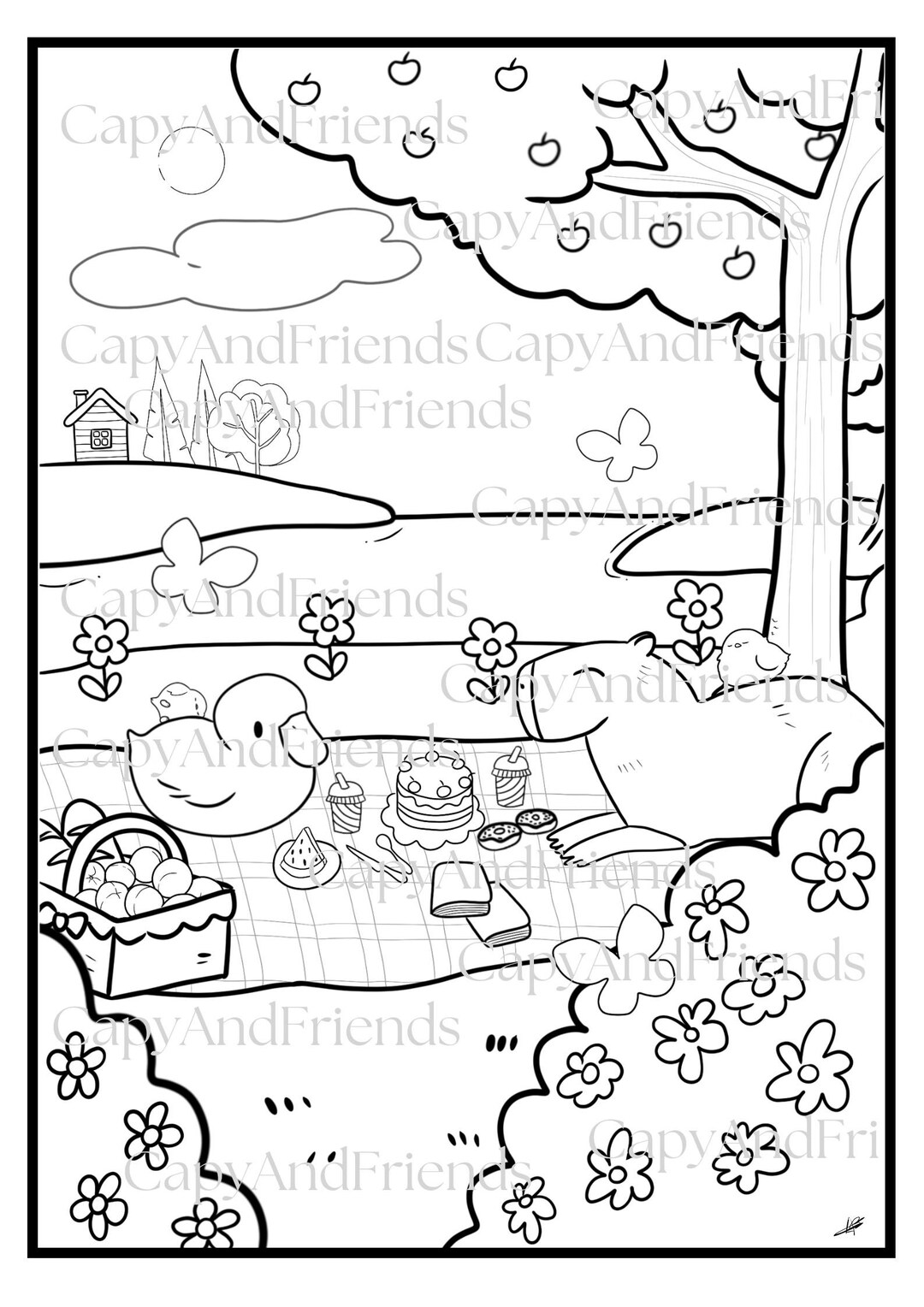 Capy and Duck Picnic Cute Coloring - Etsy