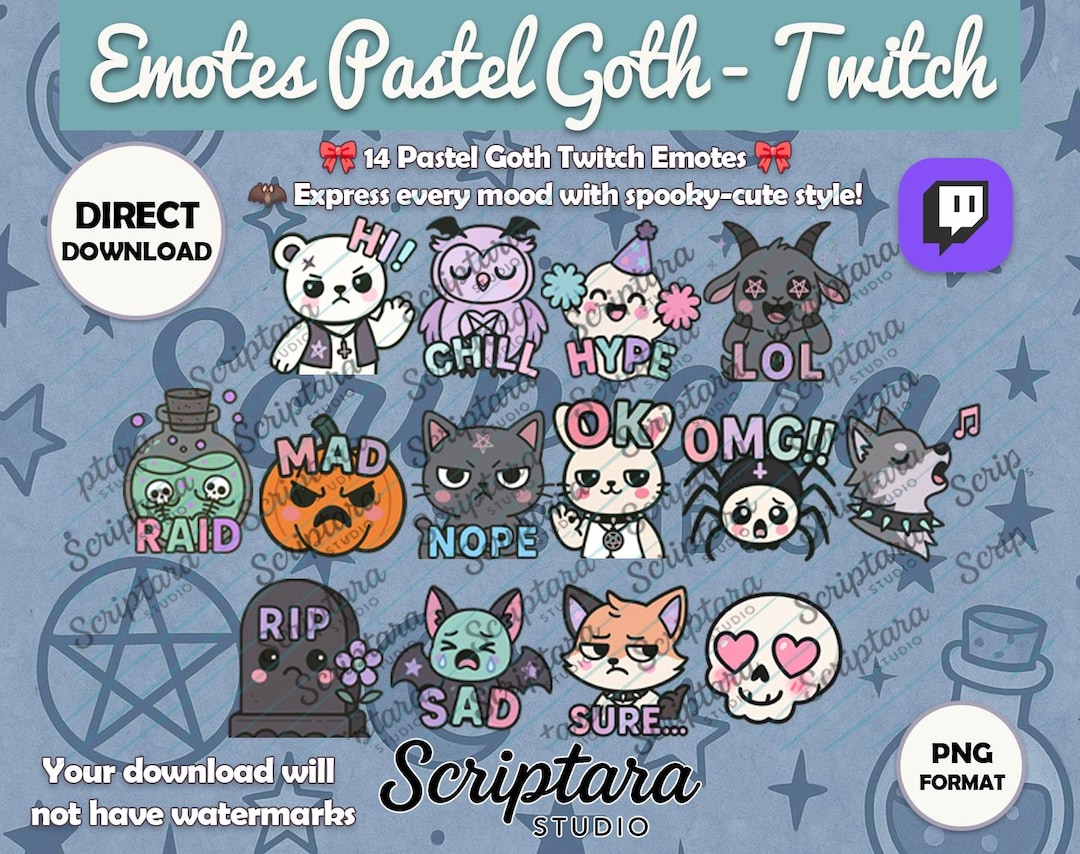 Pastel Goth Twitch Emotes PNG Pack | Kawaii Spooky Emojis (digital ...