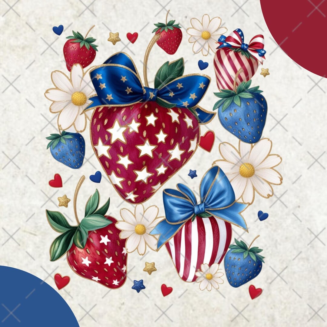 Boho 4th of July Strawberry PNG, Patriotic Bow Sublimation Design ...