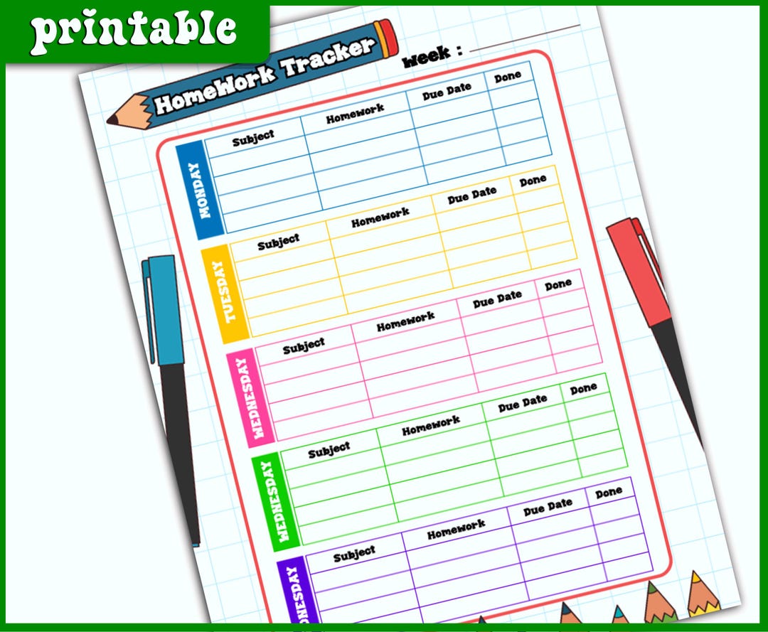 Colorful Homework Tracker Printable | Student Planner | Organize ...