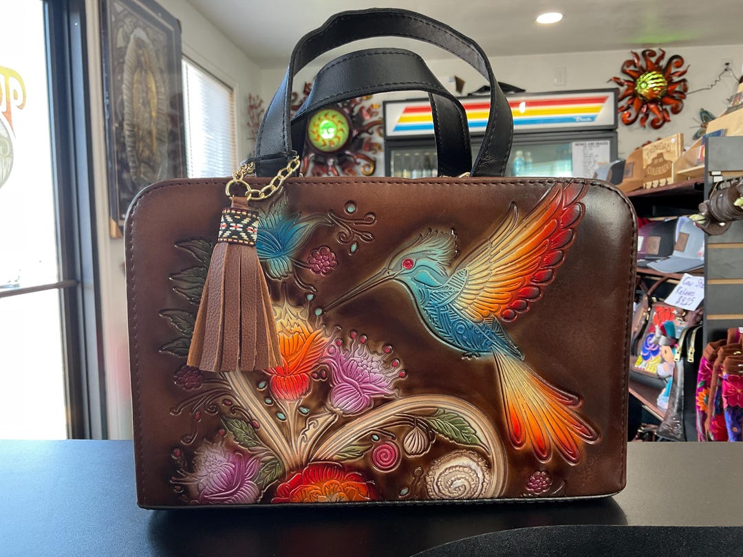 Embroidered Leather Handbag Purse, Hand-painted Hummingbird Design - Etsy