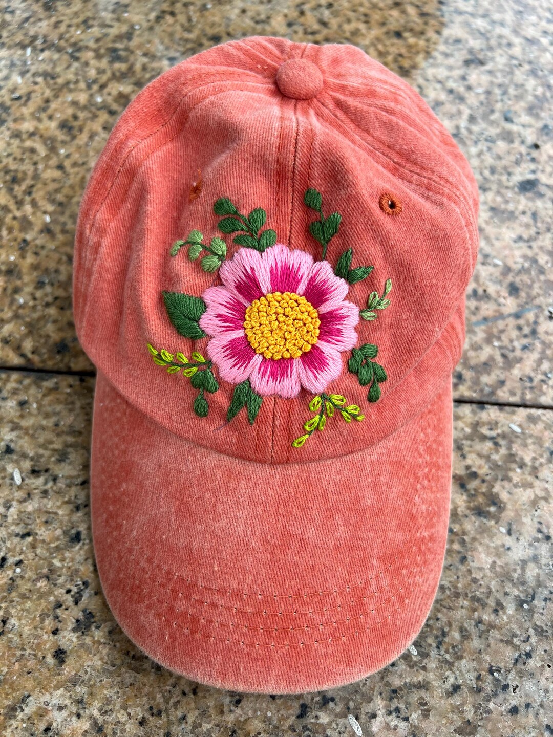 Hand Embroidered Floral Denim Hat: Vintage Coral Baseball Cap - Etsy