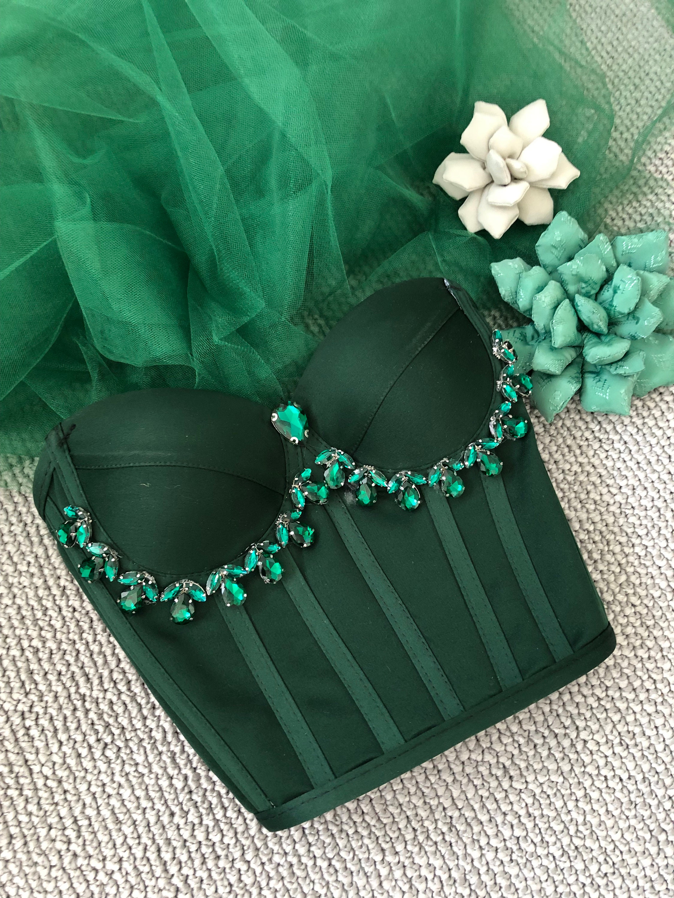 Emerald Green Rhinestone Bustier Corset Top,beige Satin Corset, Bridal ...