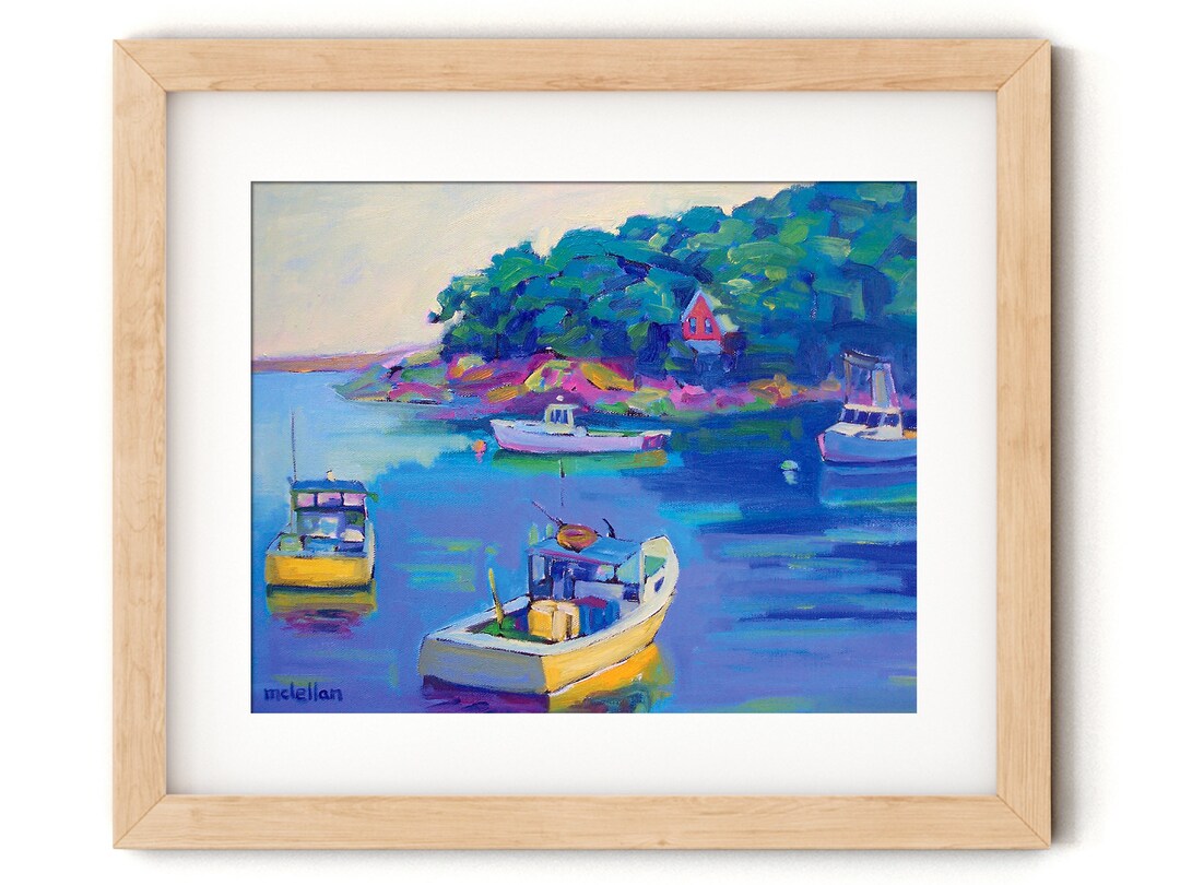 Maine Harbor Art Print, Harbor Print Colorful, Nautical Art Print Large ...
