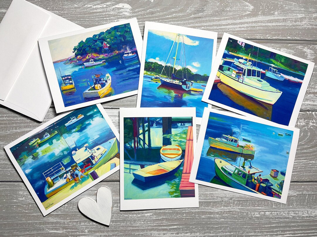 Maine Harbors Note Card Set: Coastal Boat Art Cards - Etsy