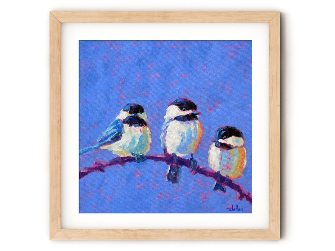 Three Chickadee Birds on a Branch Art Print, Bird Art Canvas Print Wall ...