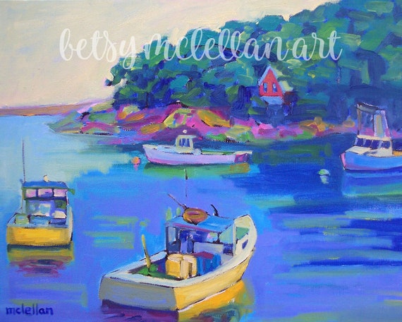 Maine Harbor Art Print Harbor Print Colorful Nautical Art | Etsy