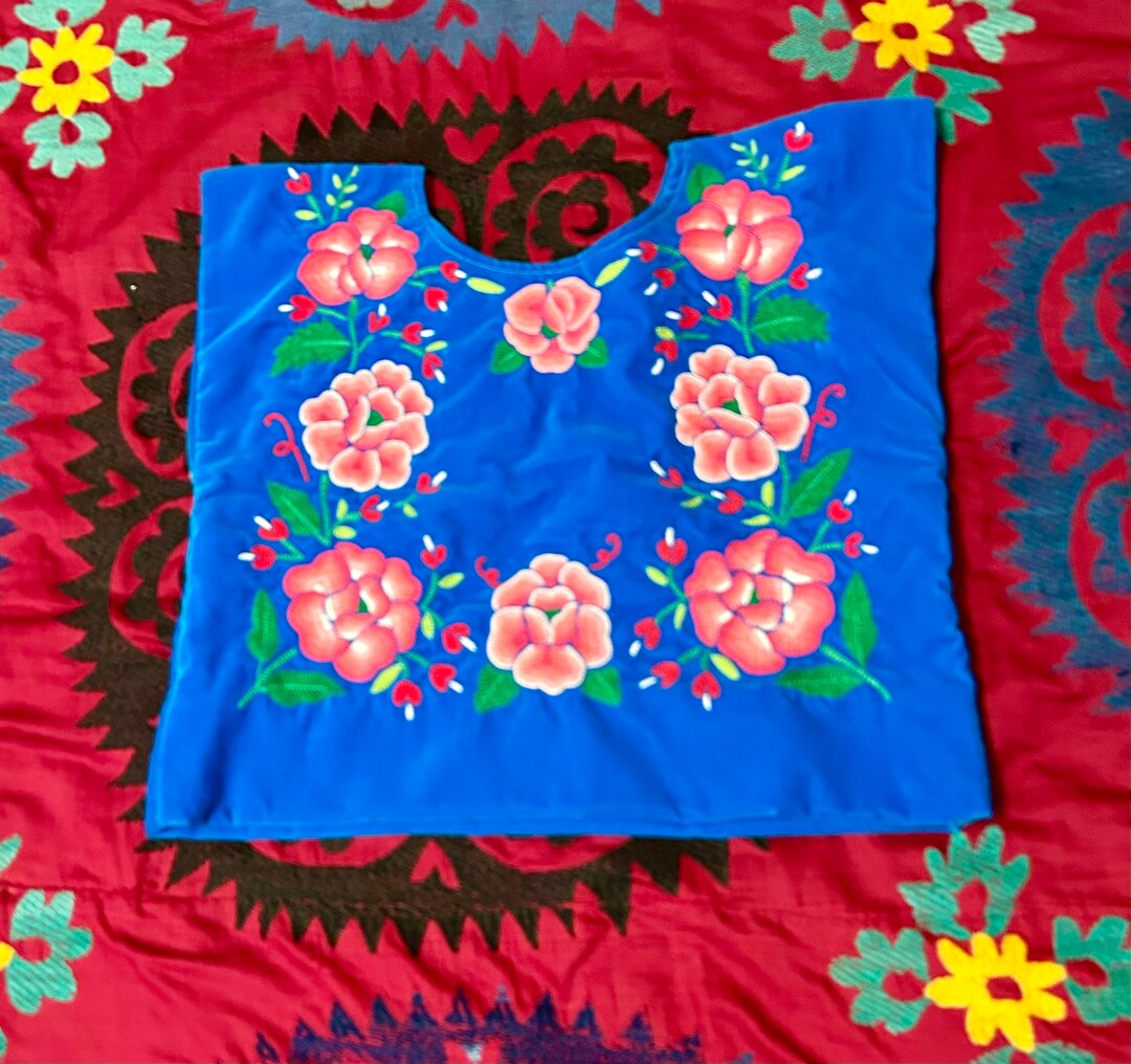 Vintage Mexican Hand Embroidered Turquoise Velvet Huipil With Flowers ...