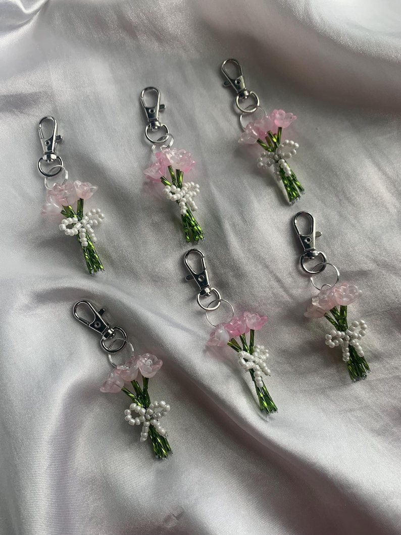 Beaded Flower Bouquet Keychain, Pink Flower Keychain, Seed Bead Flowers ...
