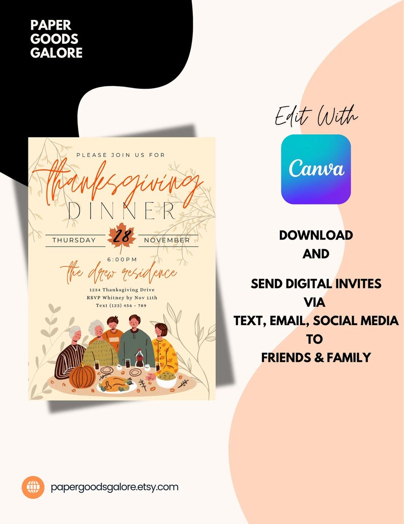 Editable Thanksgiving Dinner Invitation Template Modern Fall Family ...