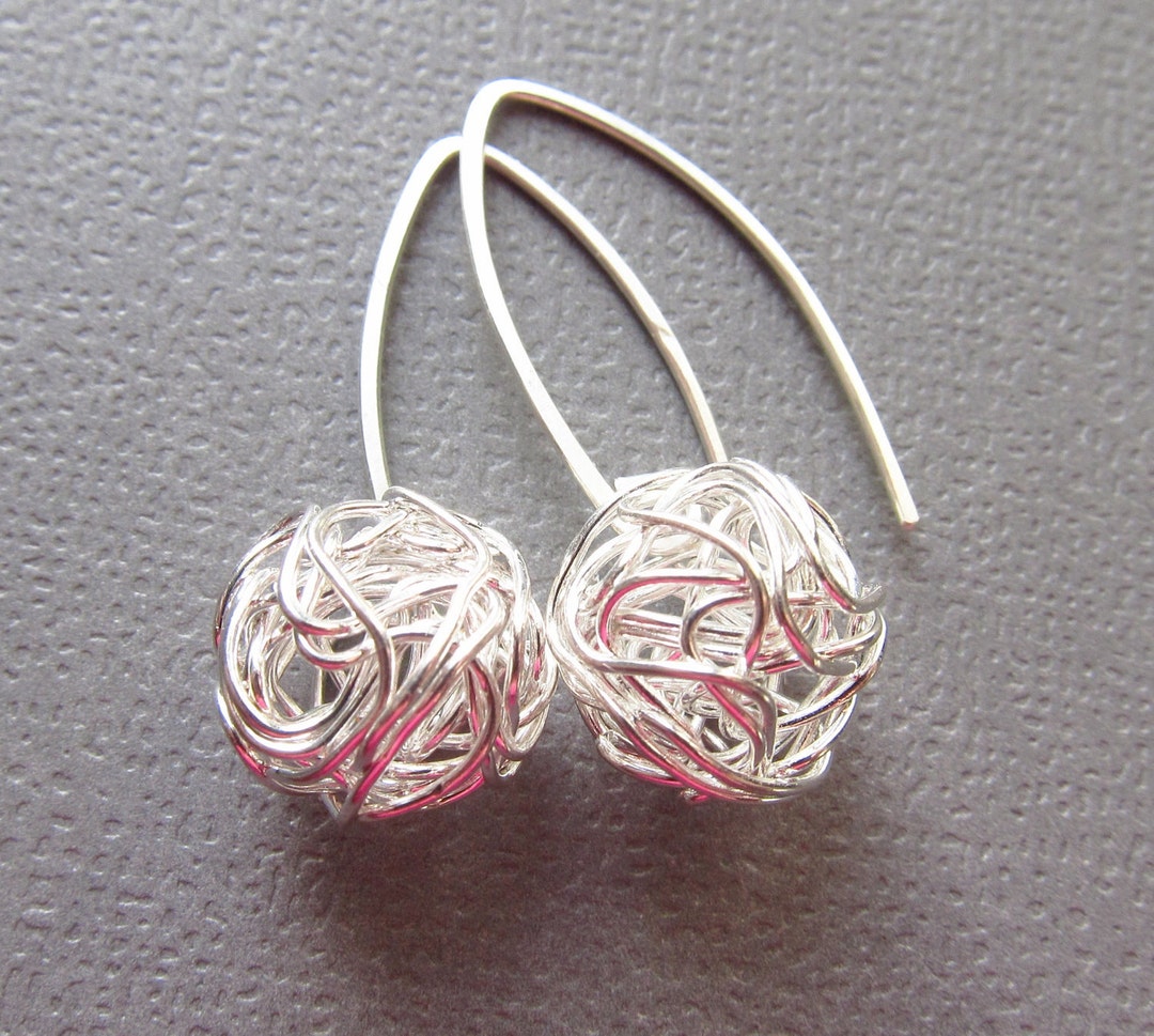Sterling Silver Earrings European Design - Wire Tangled Ball Drop - Etsy