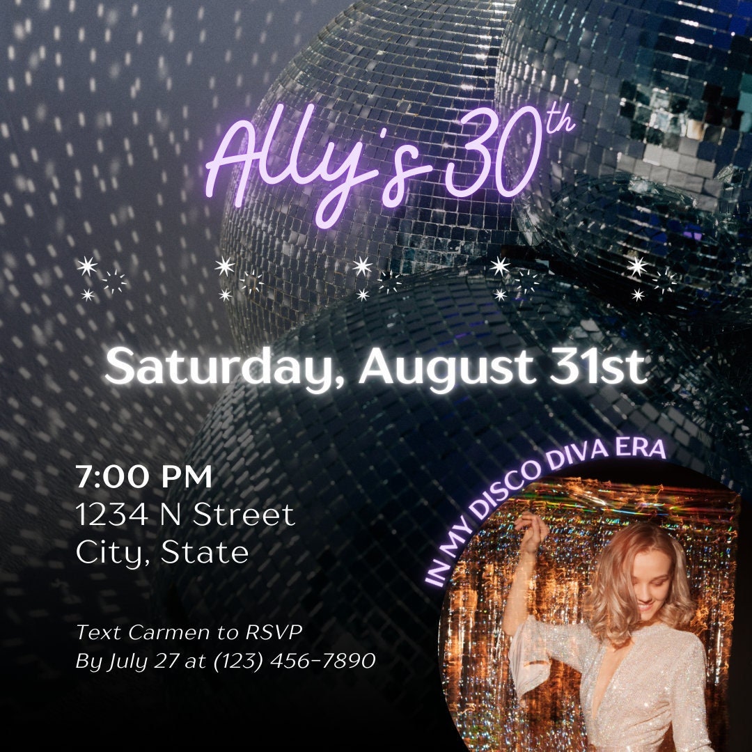 Neon Disco Diva Party Invitation Editable Digital Template, 1080x1080 ...