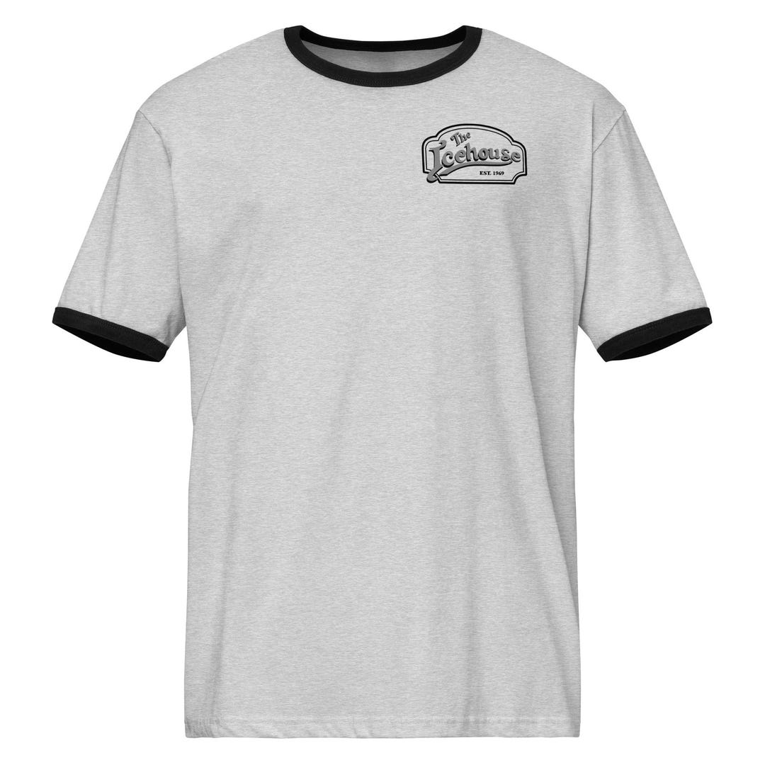 Ice House Sign on Front, Ice House Drawing on Back Unisex Ringer T ...