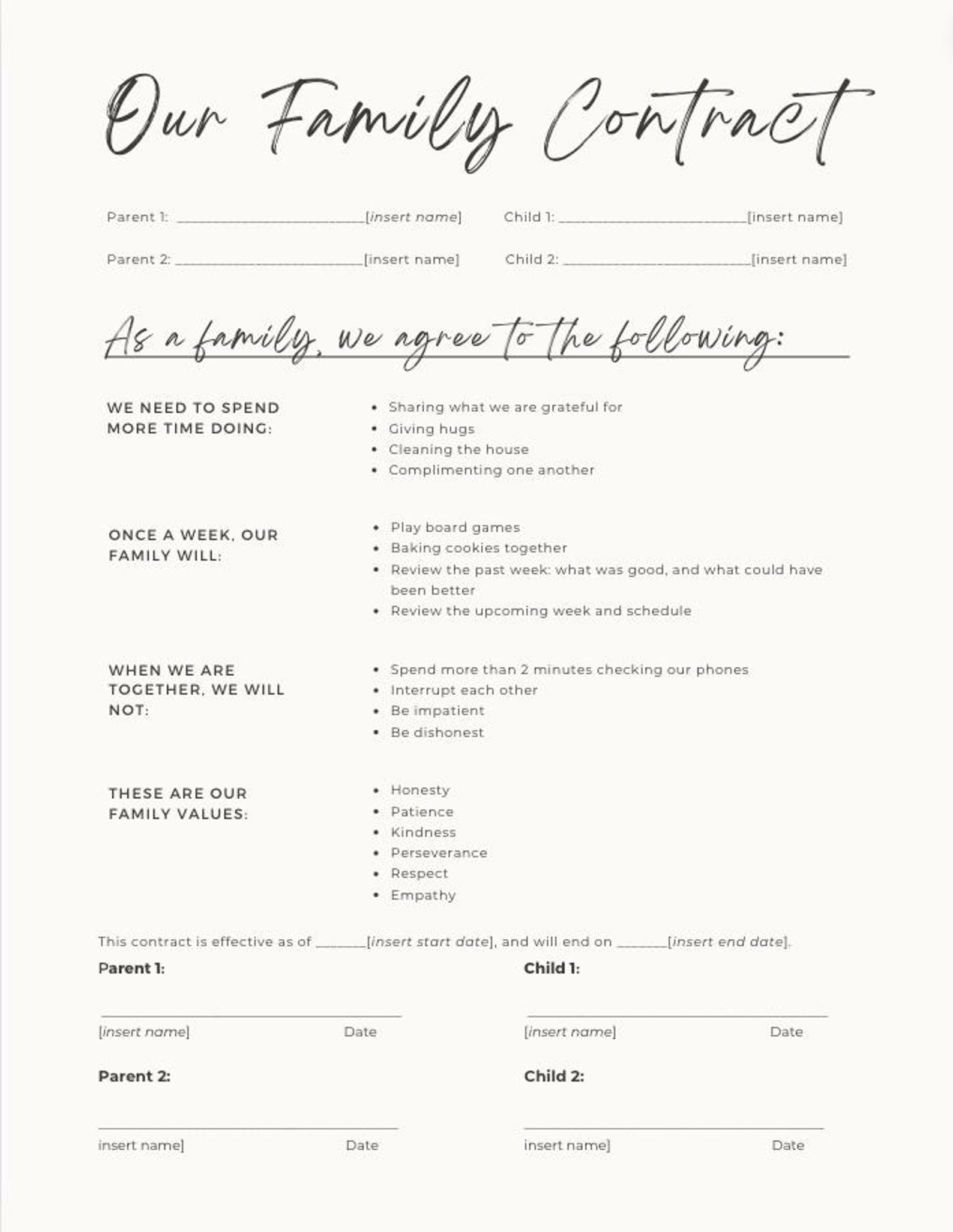 Family Contract That Fosters Family Communication and Unity - Etsy