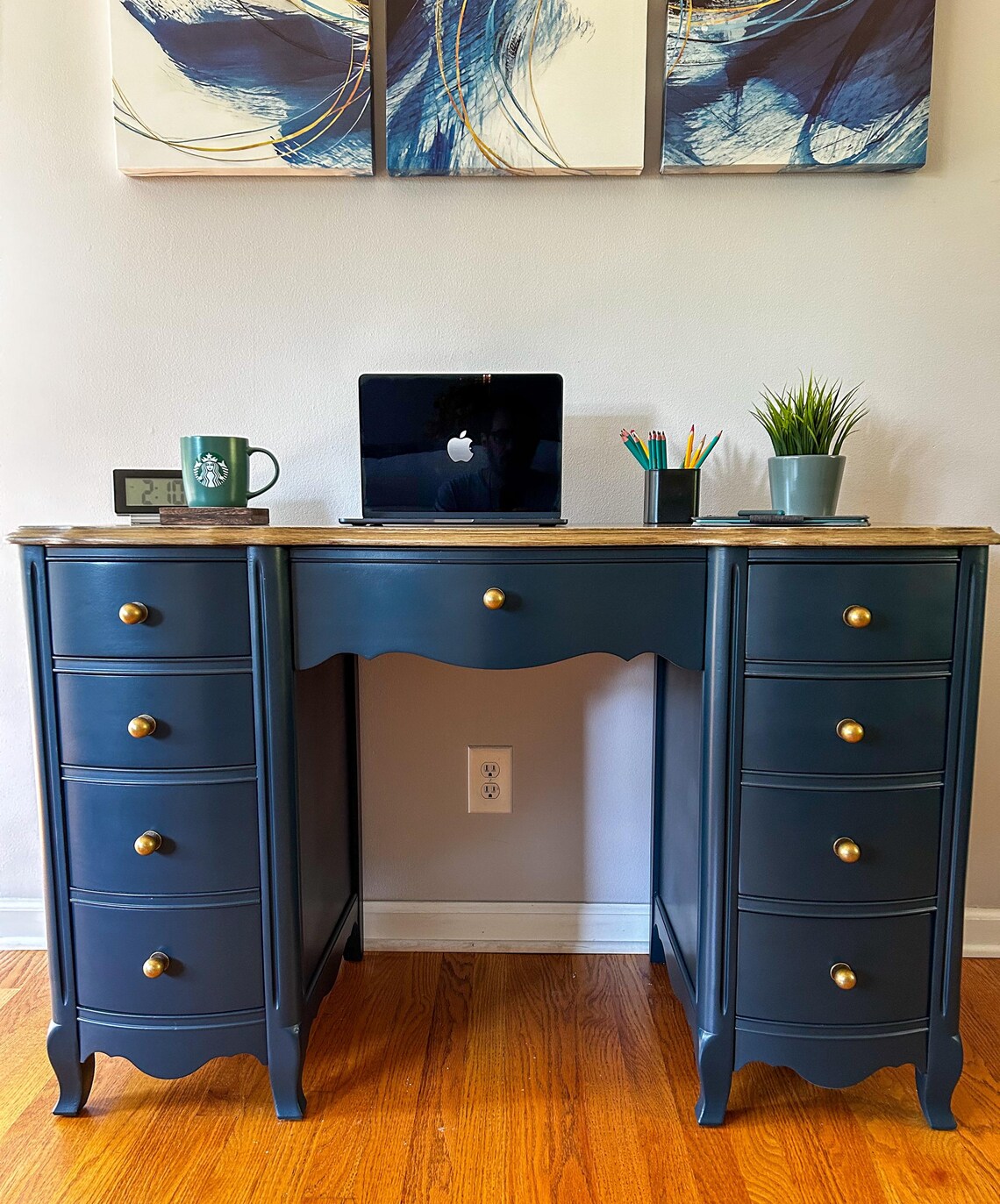 Sold** Vintage Navy Blue Desk With Antique Brass Knobs – Glazed Wood ...