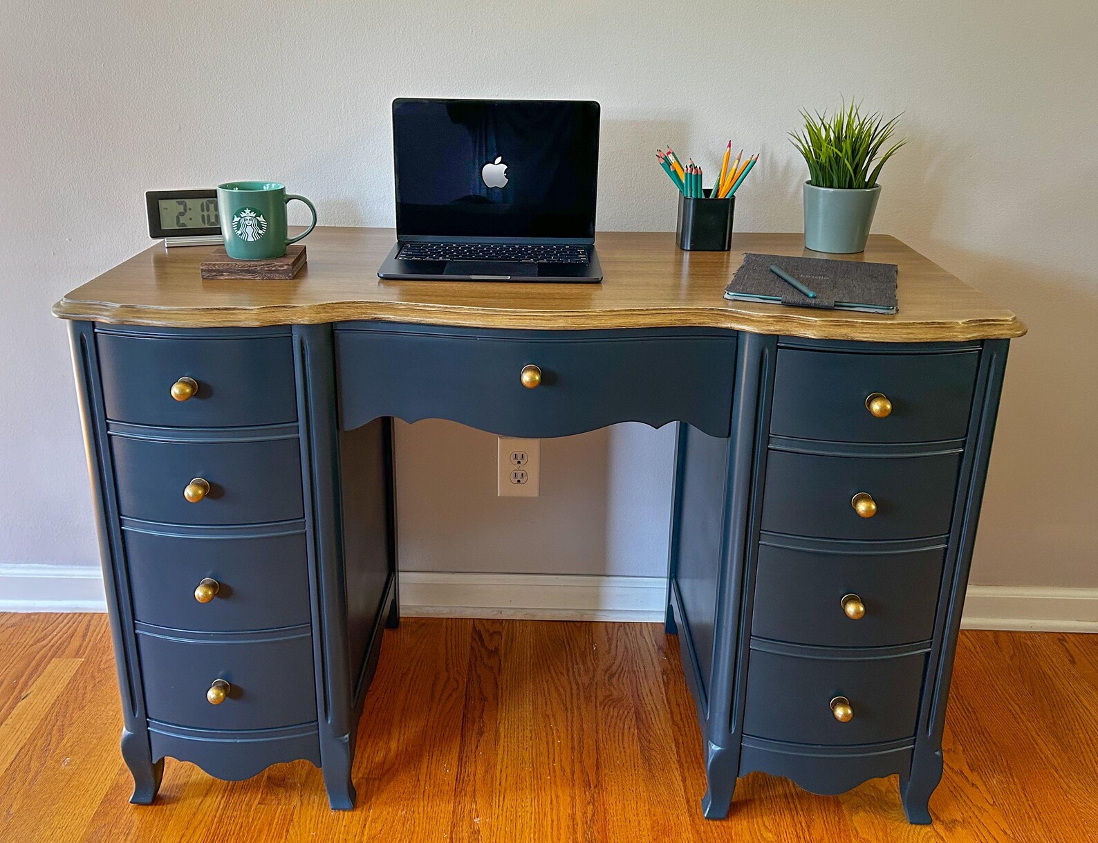 Sold** Vintage Navy Blue Desk With Antique Brass Knobs – Glazed Wood ...