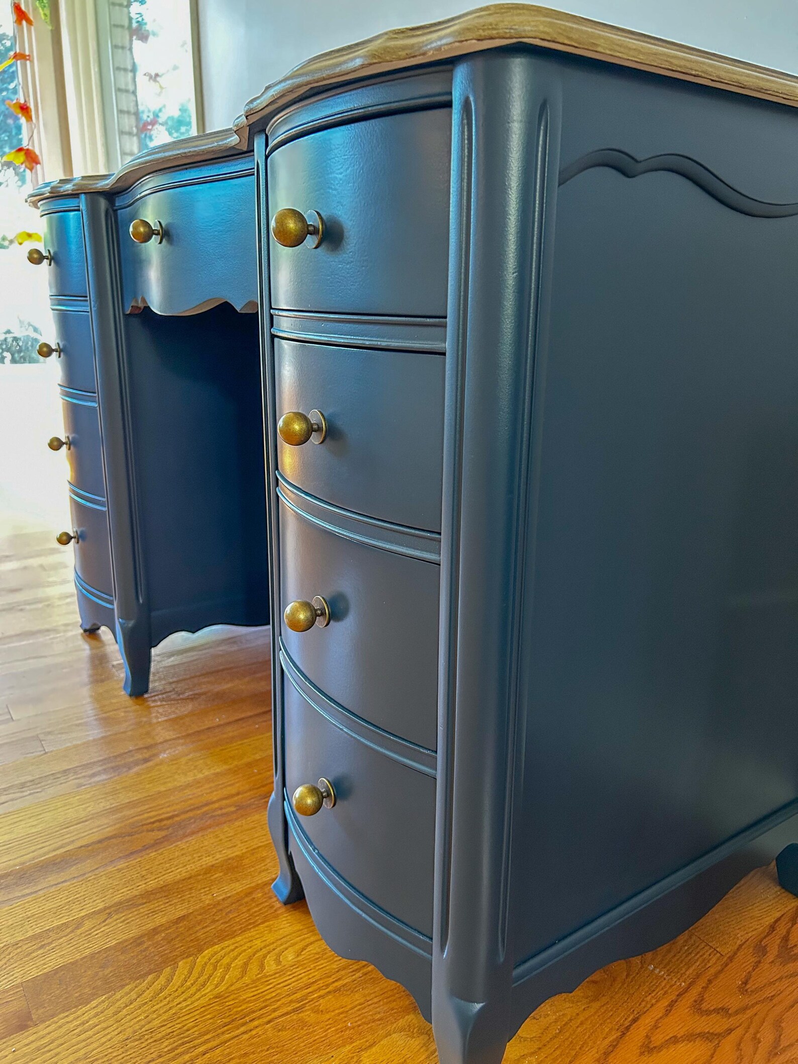 Sold** Vintage Navy Blue Desk With Antique Brass Knobs – Glazed Wood ...