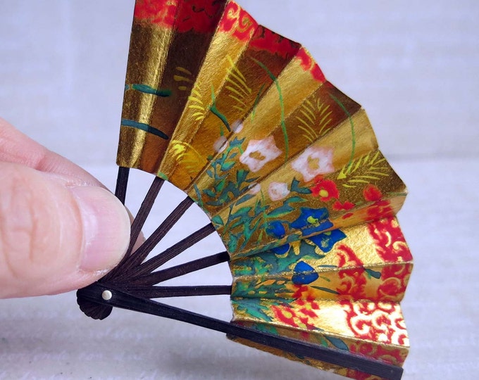 Tiny Vintage Miniature Japanese Folding Fan Metallic Gold Multicolor ...